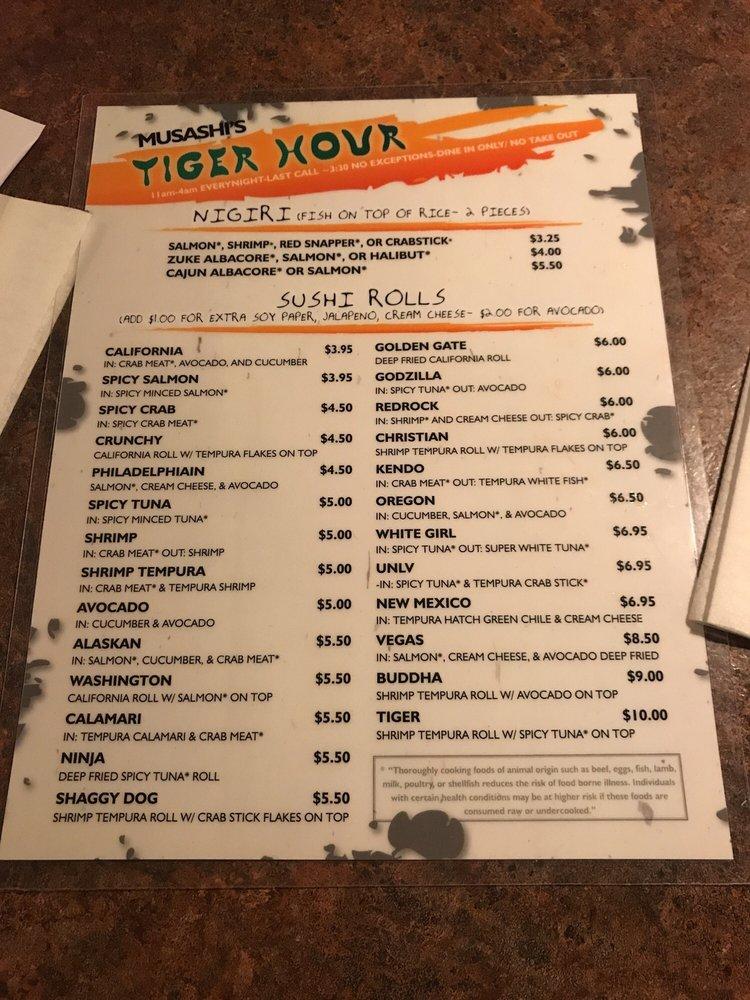 Menu at Musashi Japanese Steakhouse, Las Vegas