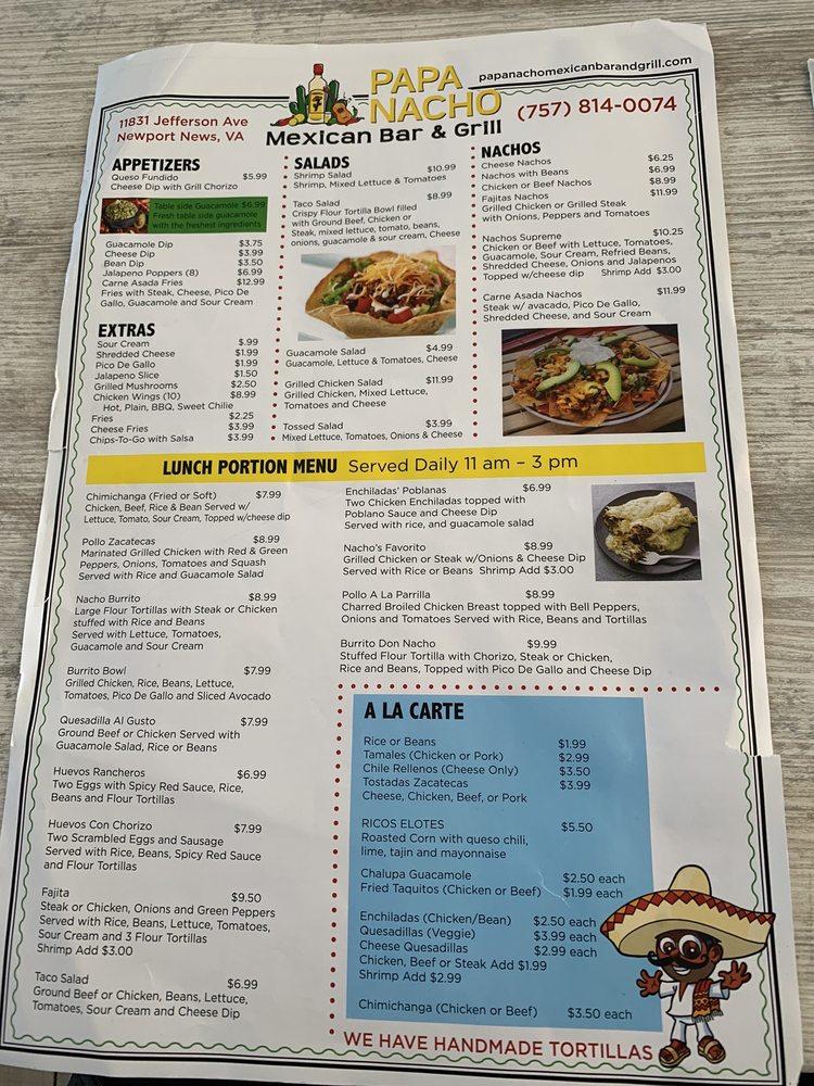Menu at Papa Nacho Mexican Bar and Grill, Newport News