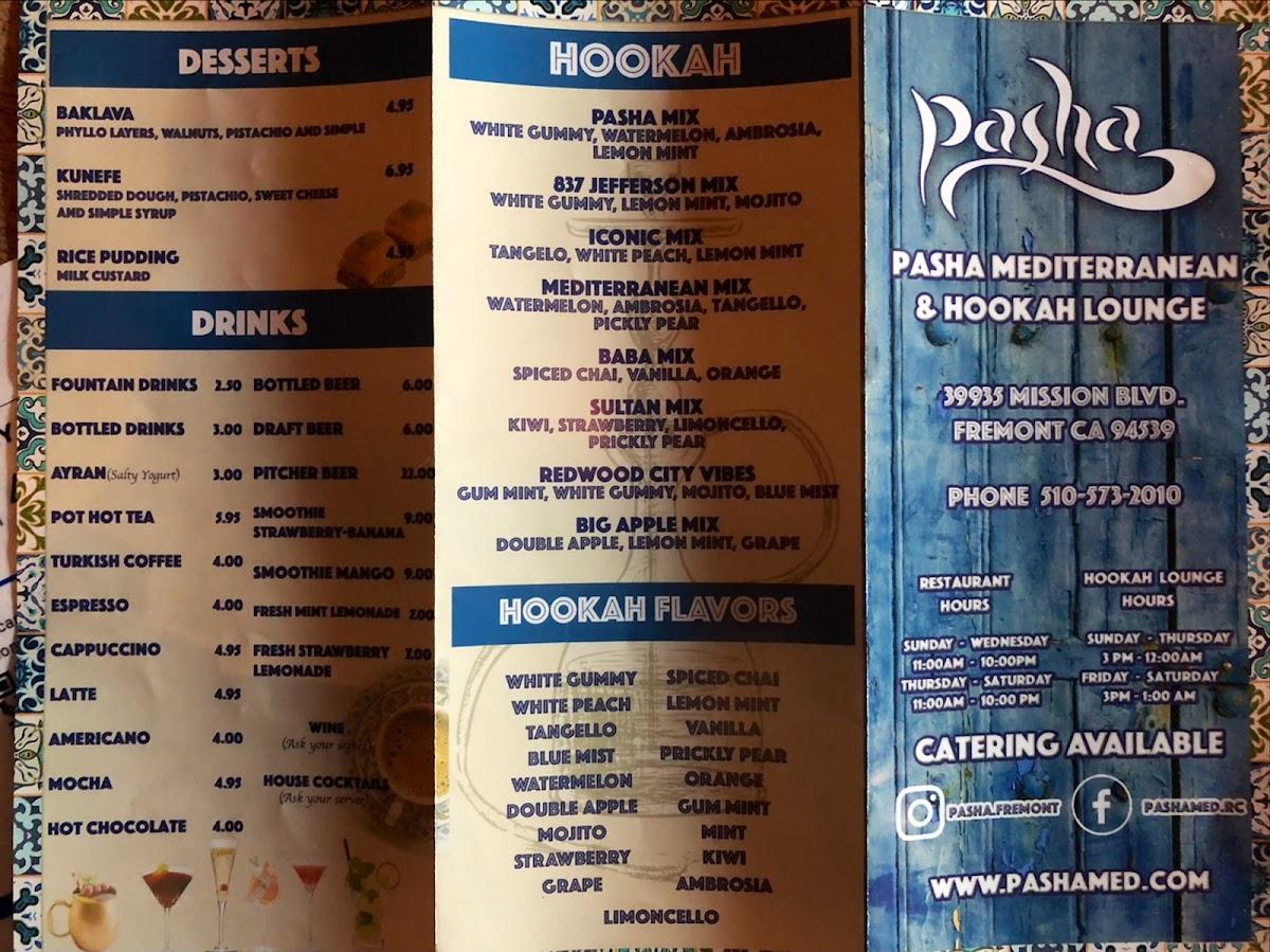 Menu at Pasha Mediterranean & Hookah Lounge pub & bar, Fremont