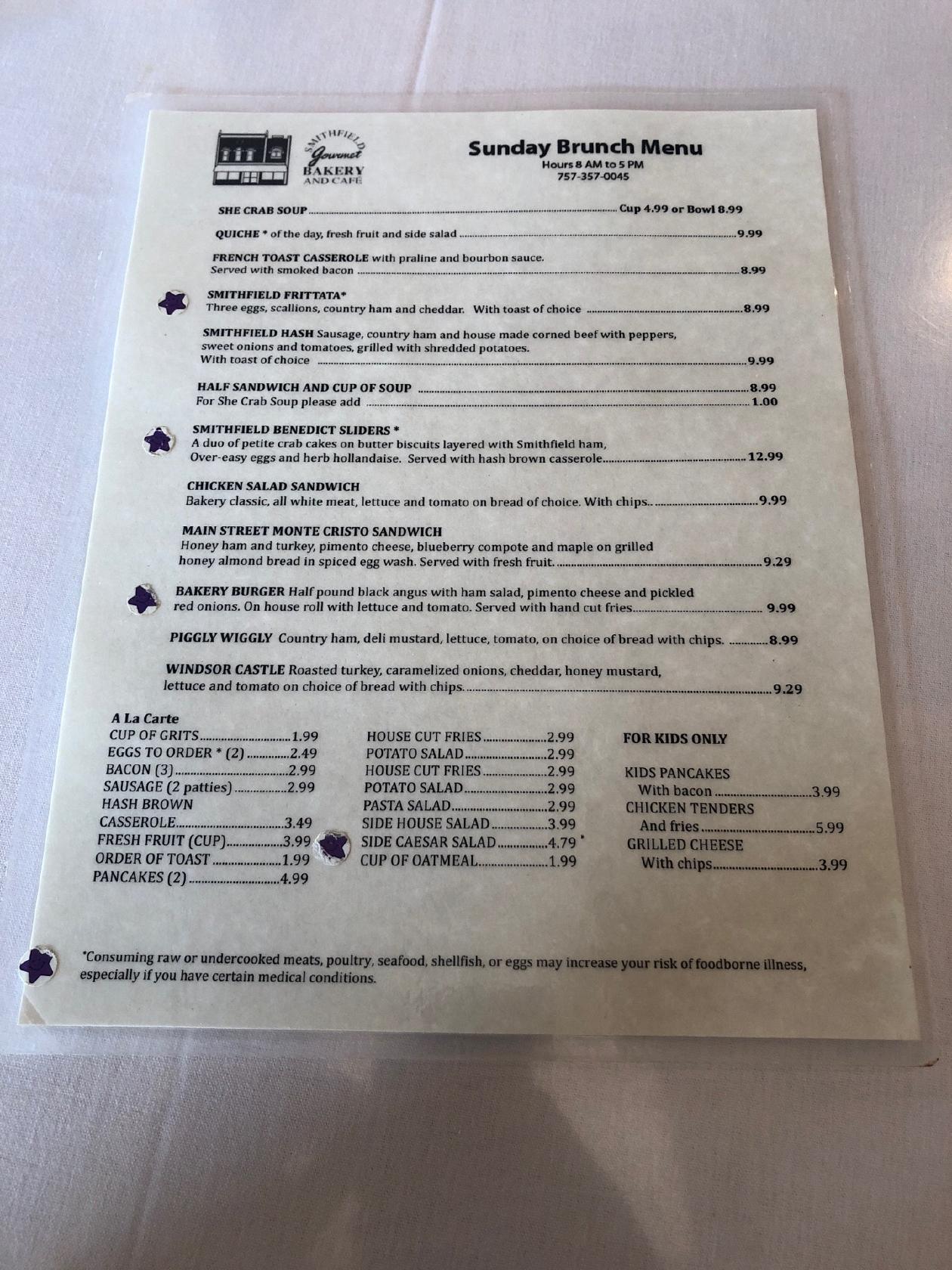 Menu at Smithfield Gourmet Bakery, Smithfield