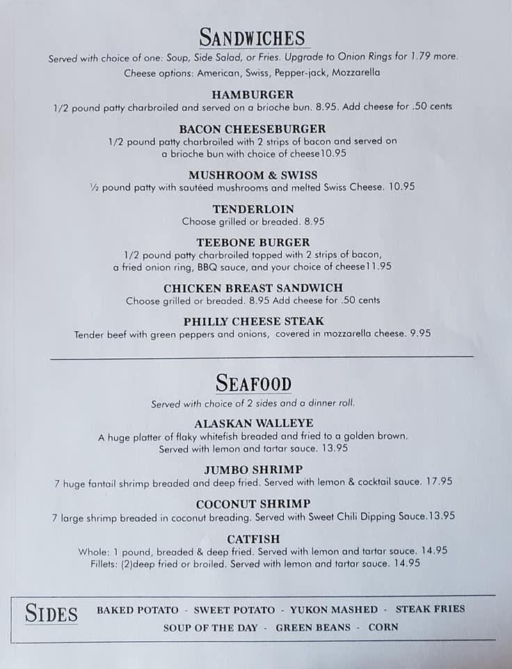 Menu at Teebone's Steakhouse and Bar, USA