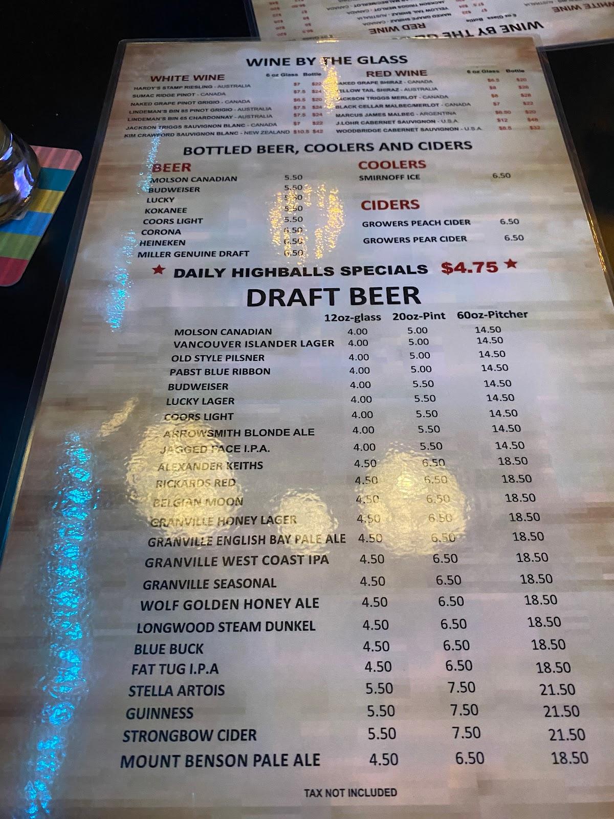 Menu at The Old City Station Pub, Nanaimo