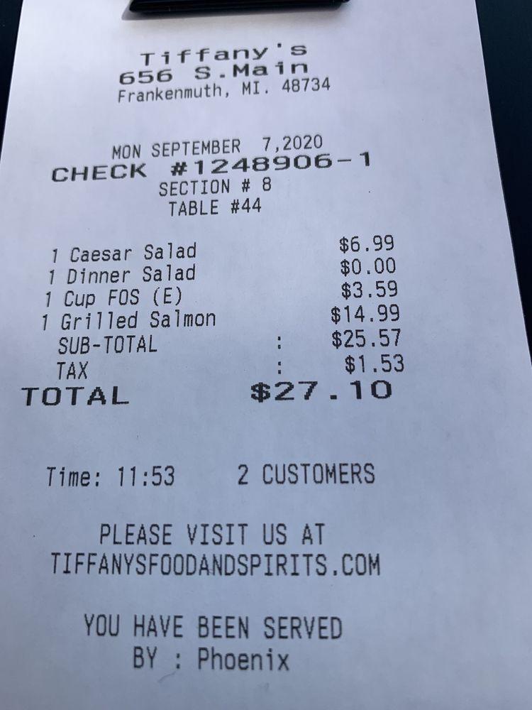 Menu at Tiffany's Food & Spirits pizzeria, Frankenmuth