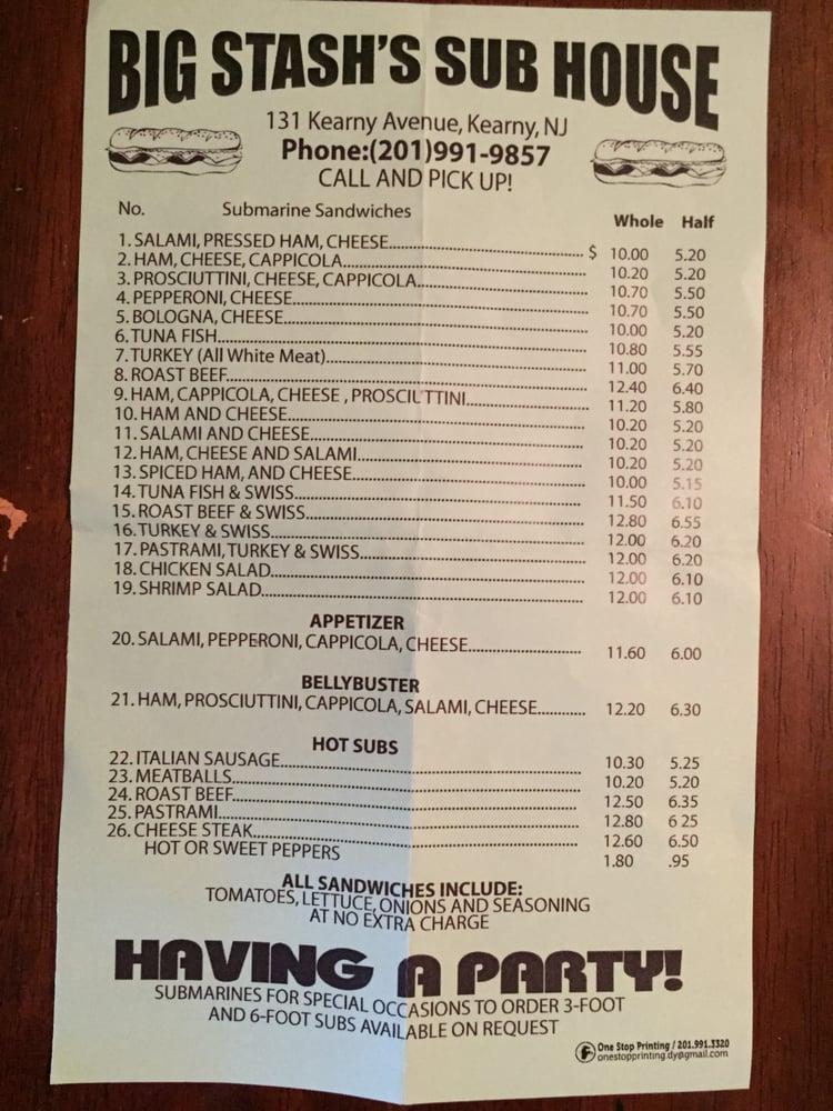 Menu at Big Stash's Sub House restaurant, Kearny