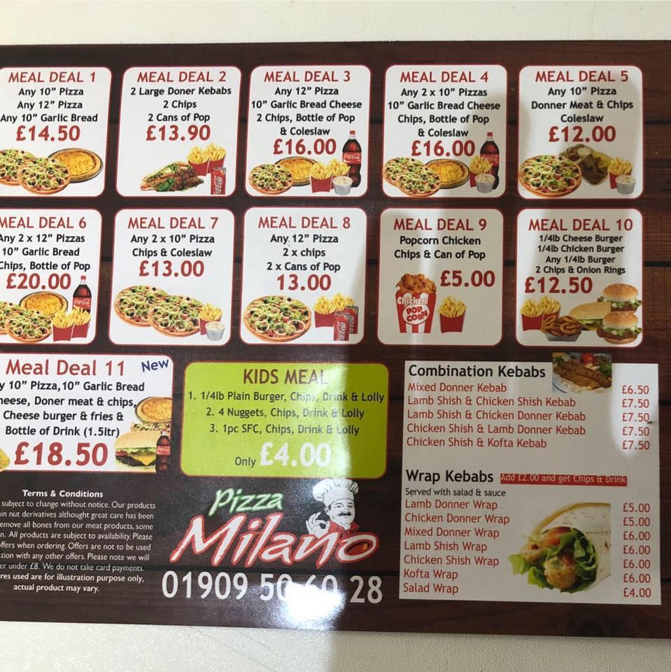 Menu at Pizza Milano fast food, Worksop, 2 Low Town Street