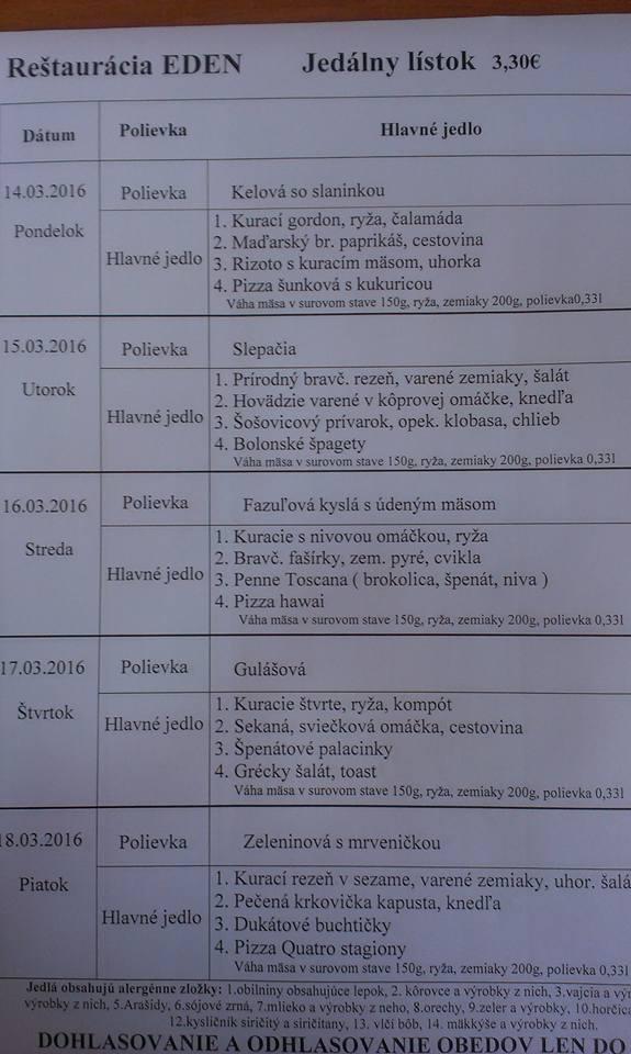 Menu at Reštaurácia Eden restaurant, Smolenice