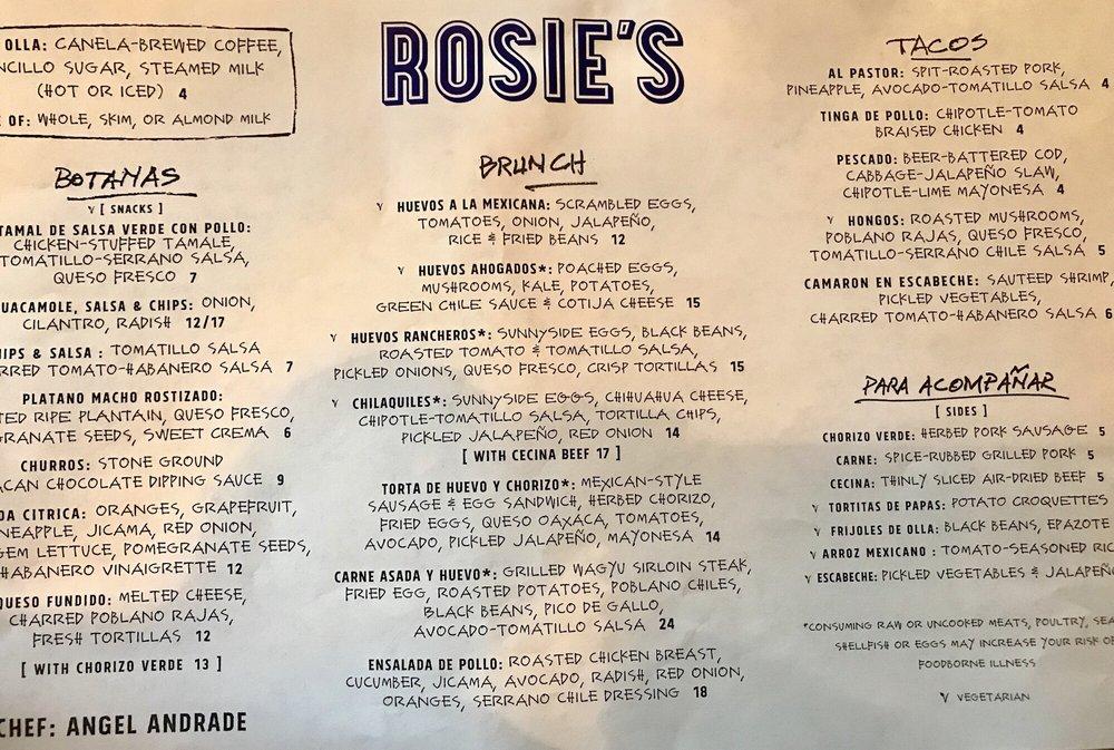 Menu at Rosie's restaurant, New York City