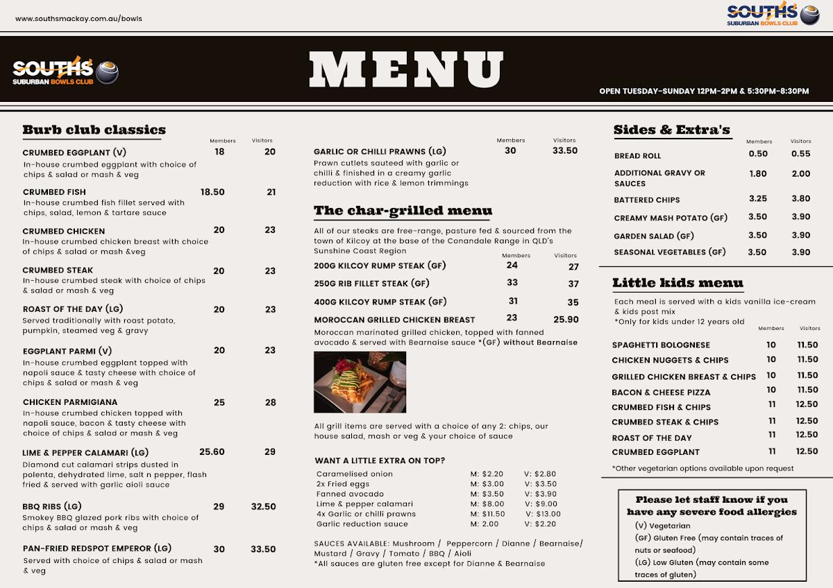 Menu at Souths Suburban Bowls Club, West Mackay