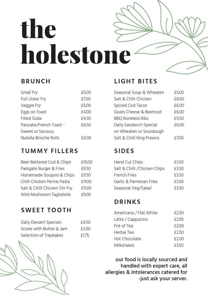 Menu at The Holestone pub & bar, Belfast