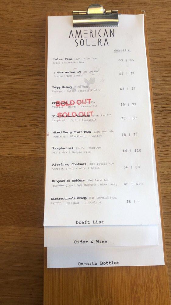 Menu at American Solera SoBo pub & bar, Tulsa