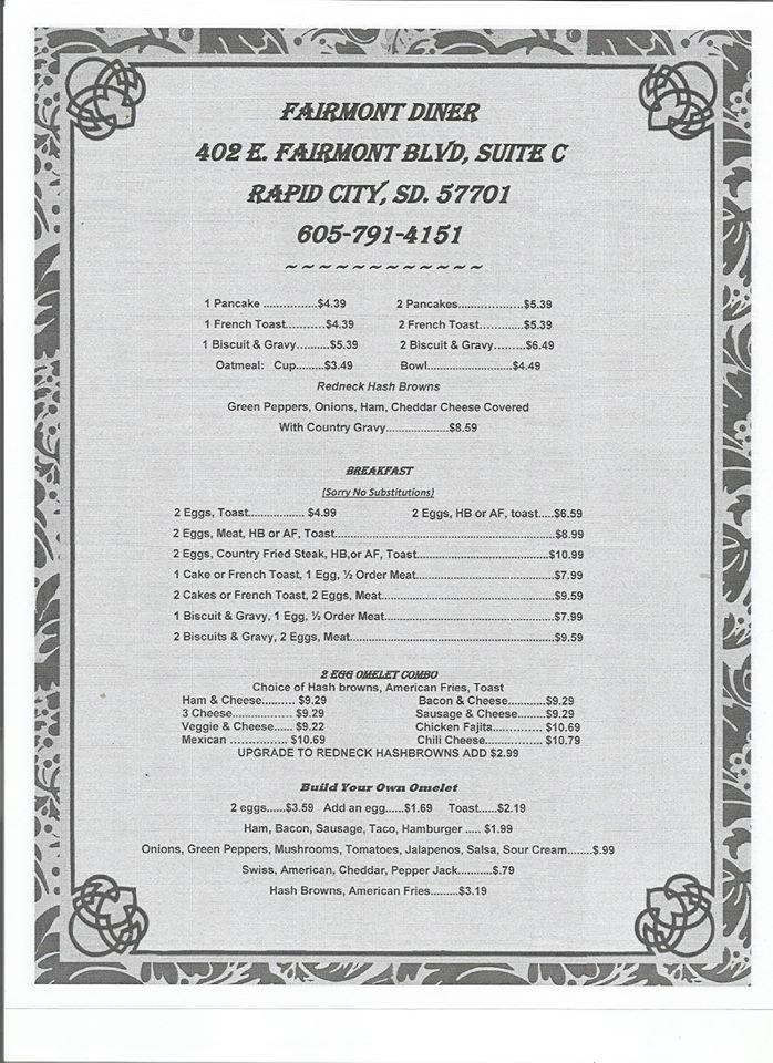 Menu at Fairmont Diner restaurant, Rapid City