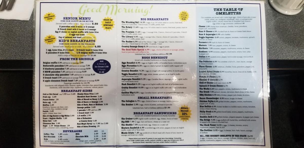 Menu at The Good Table restaurant, Westfield