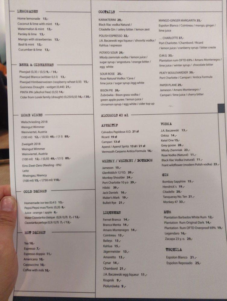 Menu at Karakter restaurant, Kraków