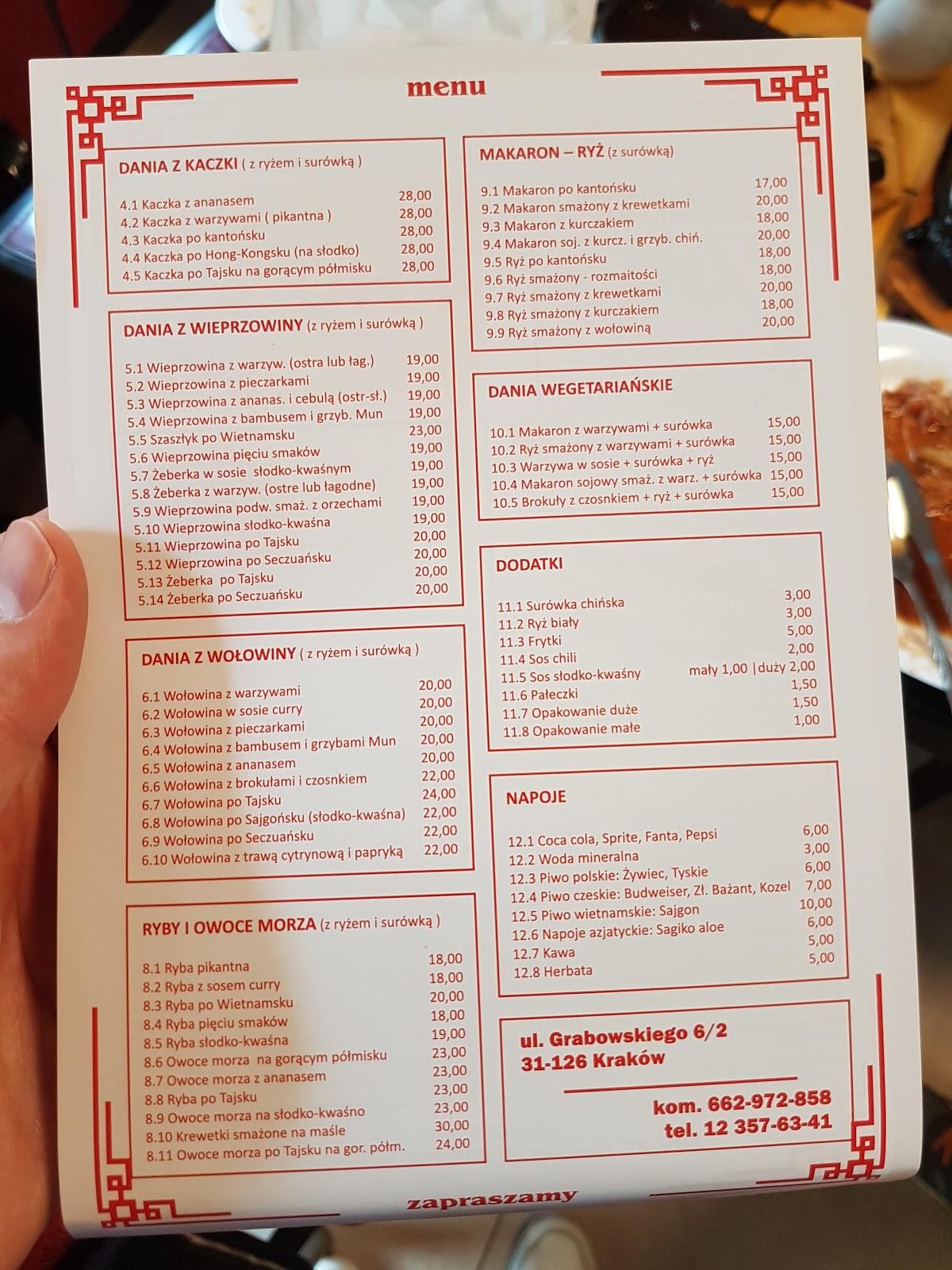Menu at Lam Hong Phở Việt restaurant, Kraków