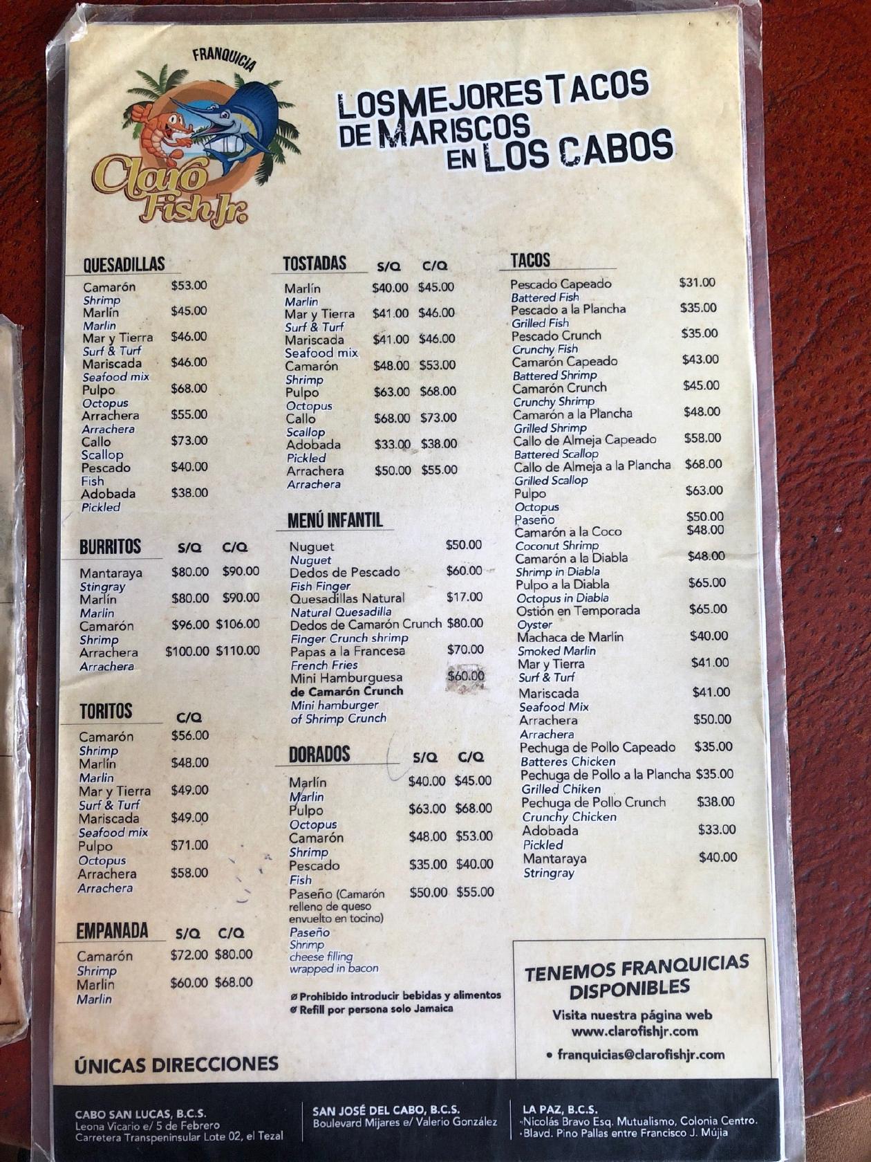 Carta del restaurante Claro Fish Jr., San José del Cabo, Blvd. Antonio ...