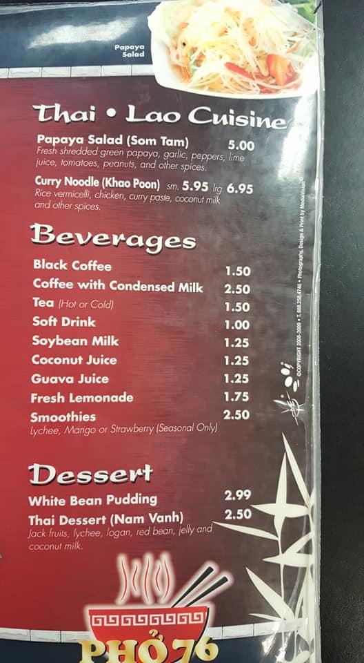 Menu at Pho 76 restaurant, Wausau, W Rosecrans St