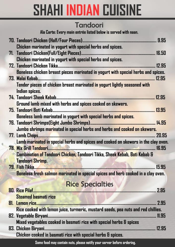 Menu at Shahi Indian Cuisine restaurant, Saginaw