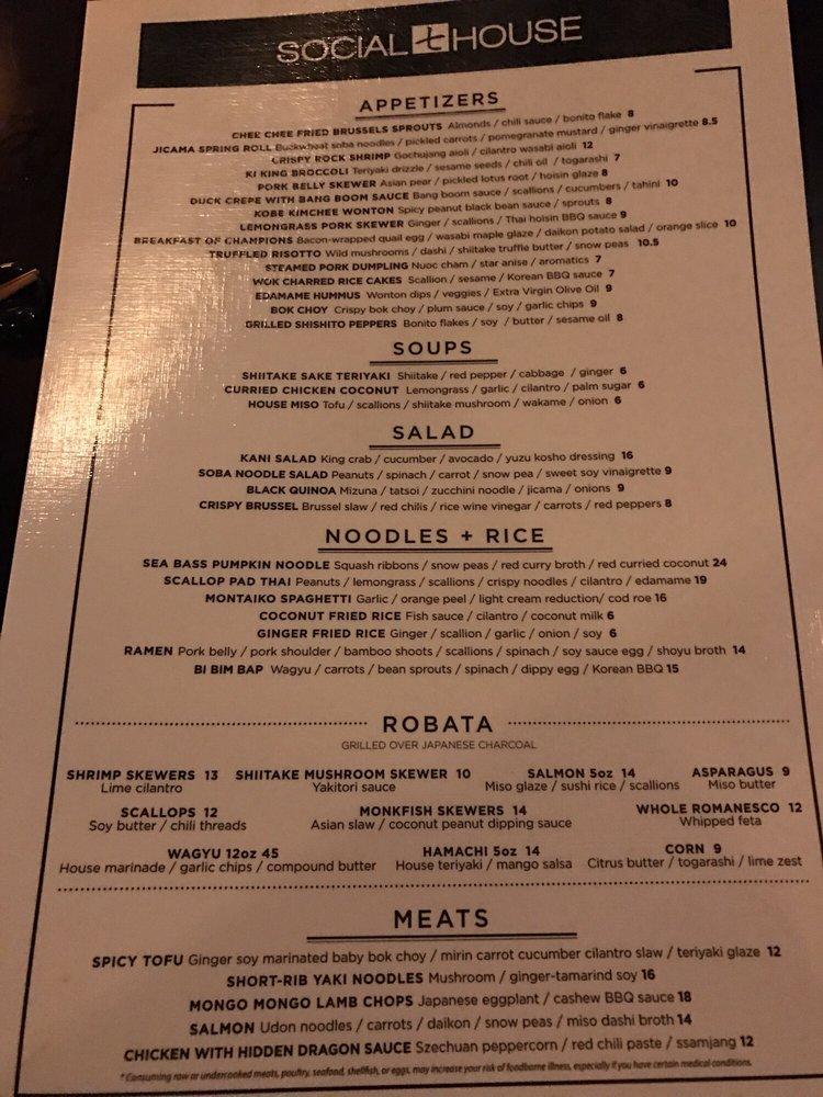Menu at Social House 7 restaurant, Pittsburgh