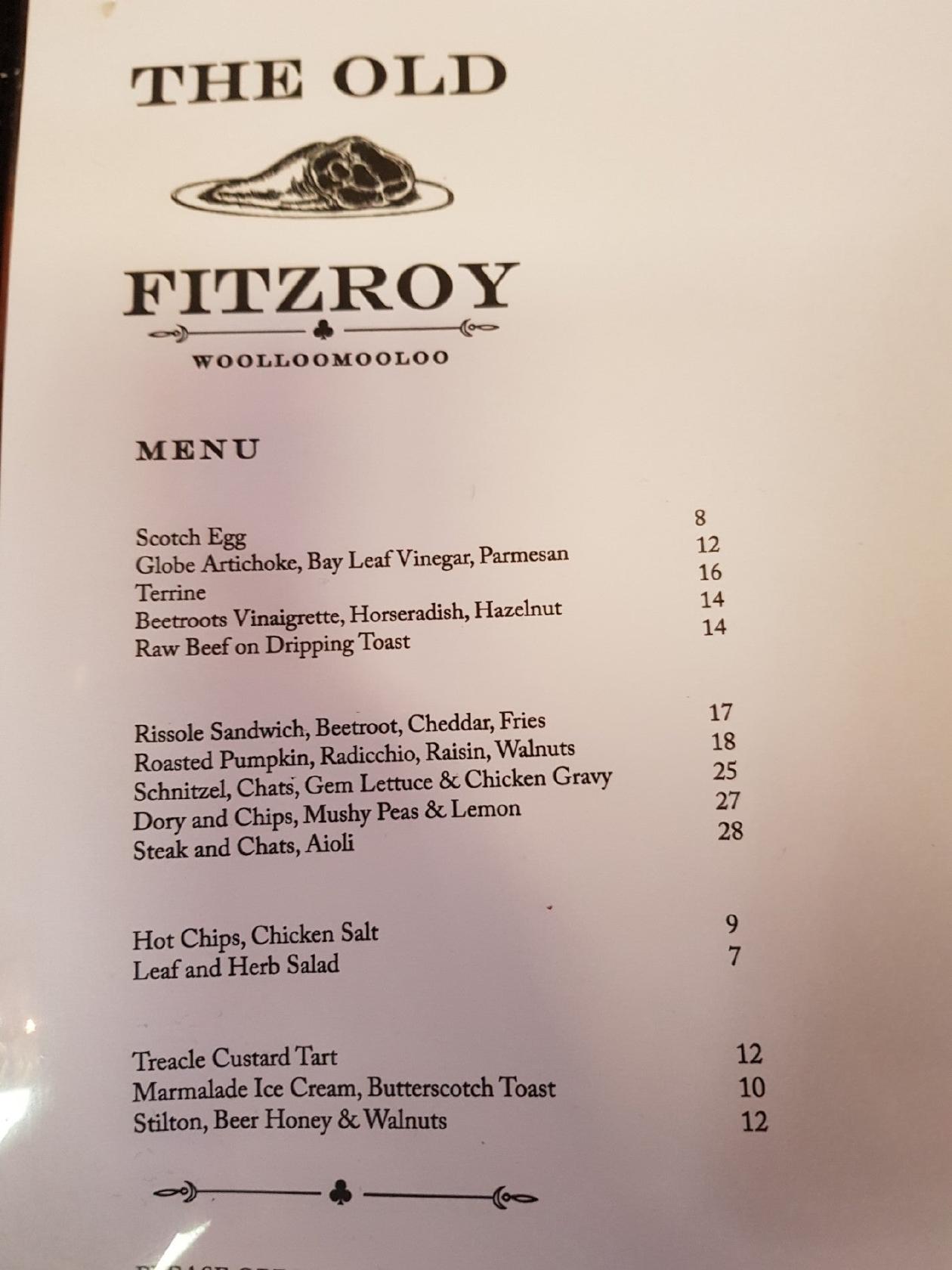 Menu at The Old Fitzroy Hotel pub & bar, Woolloomooloo
