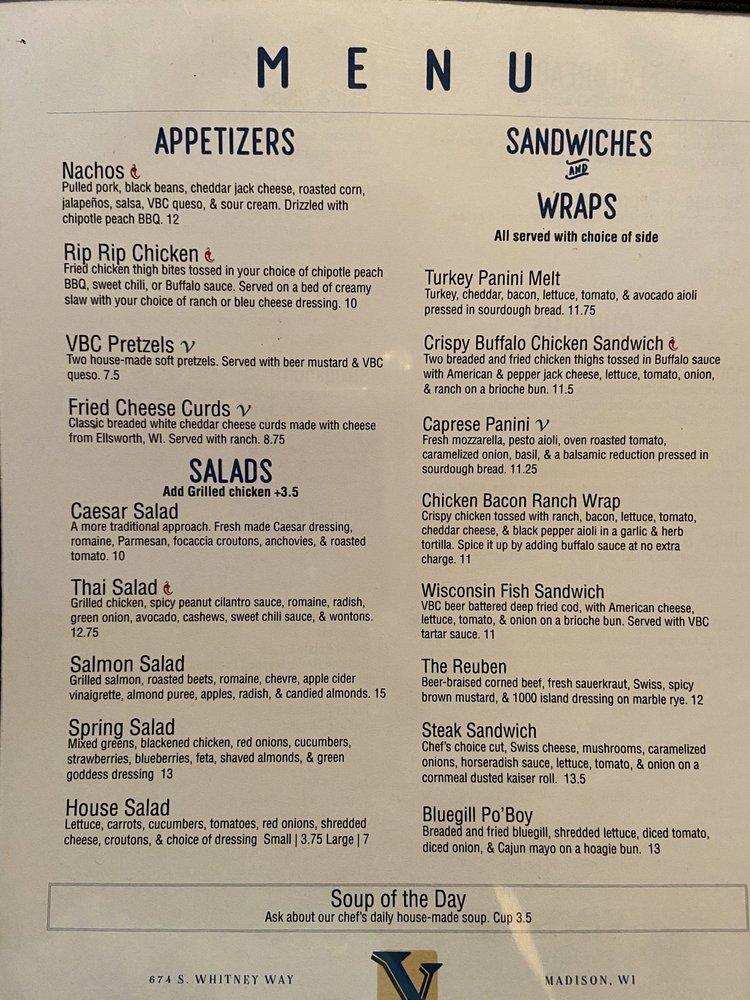 Menu at Vintage Brewing Co. Madison restaurant, Madison