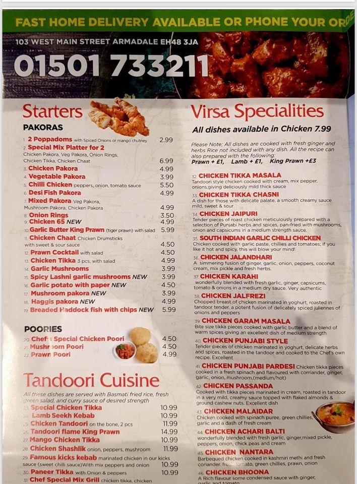 Carta de Virsa Indian Restaurant, Armadale
