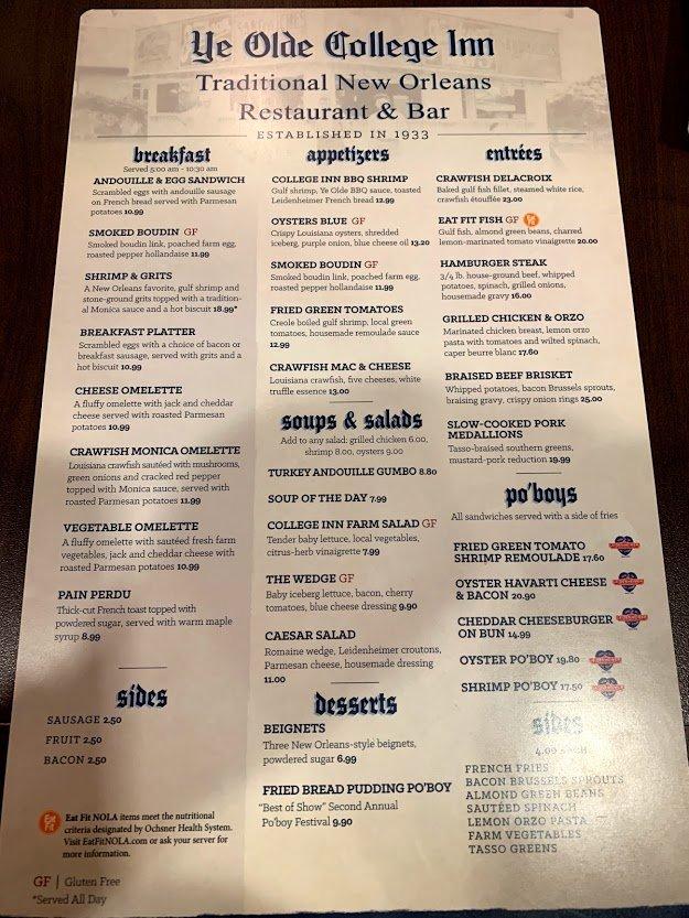 Menu at Ye Olde College Inn pub & bar, Kenner, 1 Terminal Dr