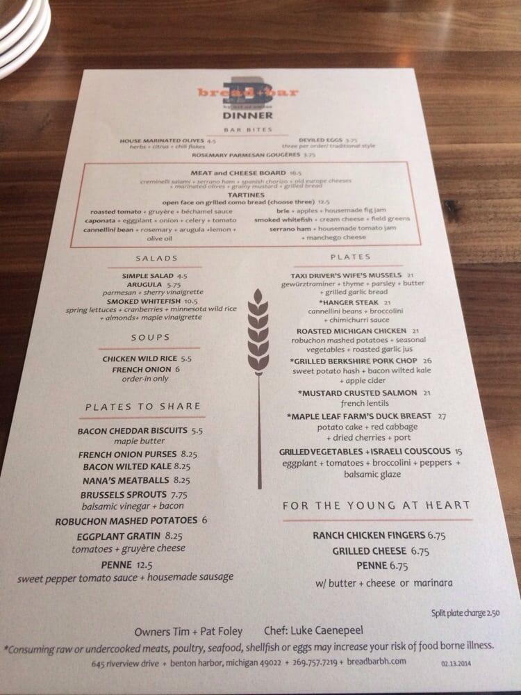 Menu at bread+bar, Benton Harbor