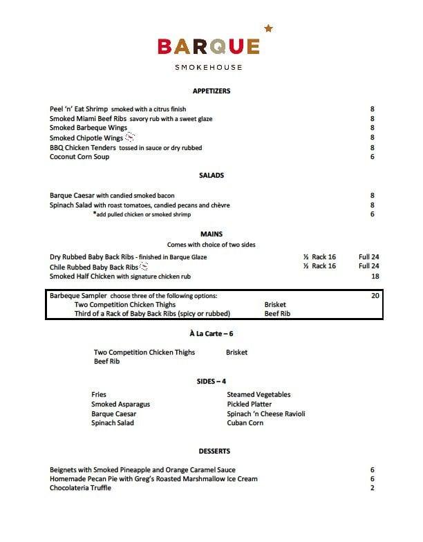 Menu at Barque Smokehouse, Toronto, 299 Roncesvalles Ave