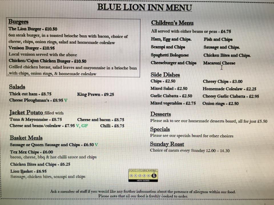 Menu at Blue Lion Inn pub & bar, Lewdown