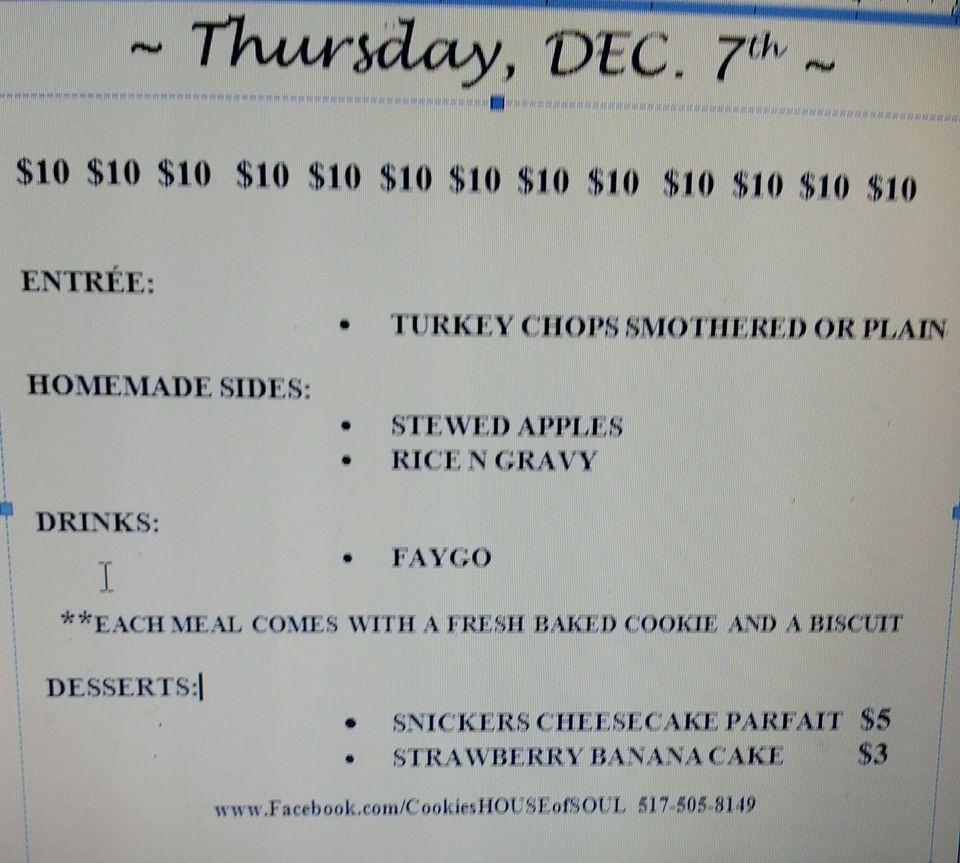 Menu at Cookies HOUSE of SOUL restaurant, Lansing, Southside- Old ...