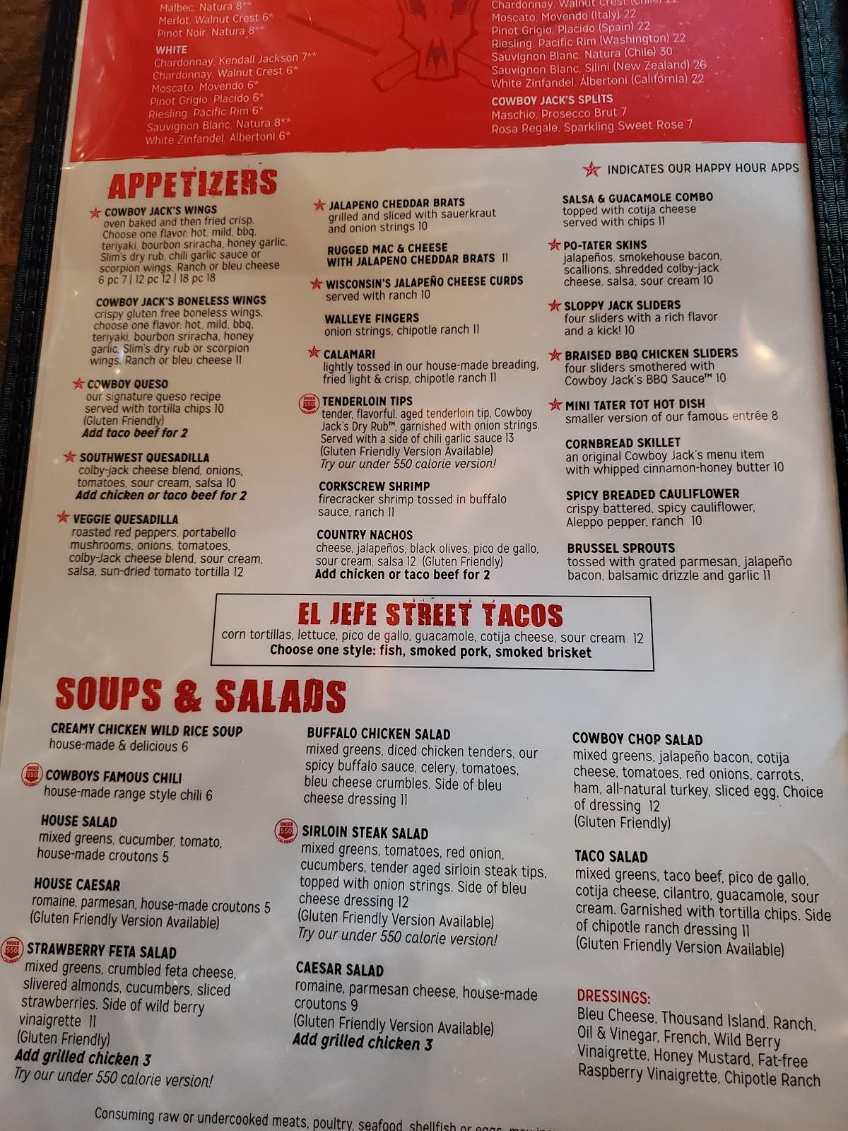 Menu at Cowboy Jacks pub & bar, Fargo