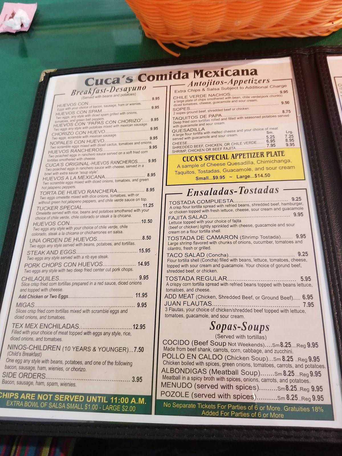Menu at Cuca's Restaurant, Fresno, 936 E Olive Ave