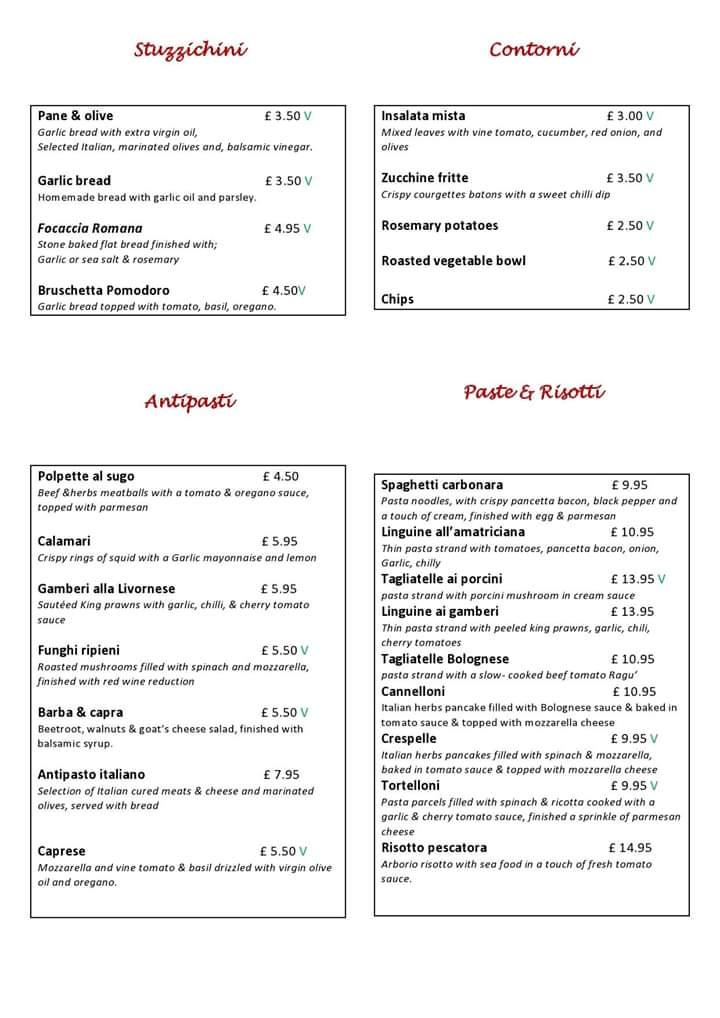 Menu at Fabrizio’s restaurant, Welshpool