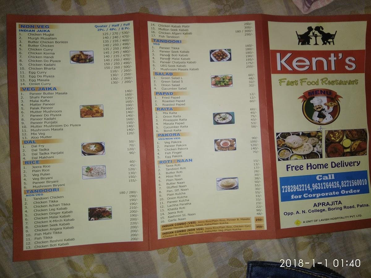 Menu at Kent's Fast Food, Patna, J496+5RJ