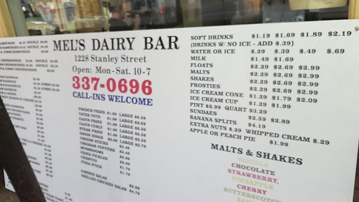 Menu at Mel's Dairy Bar, Malvern