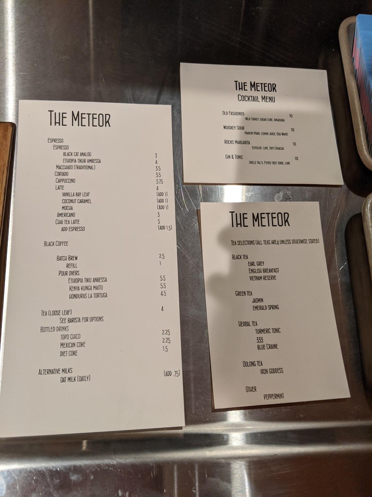 Menu at The Meteor Cafe, Bentonville