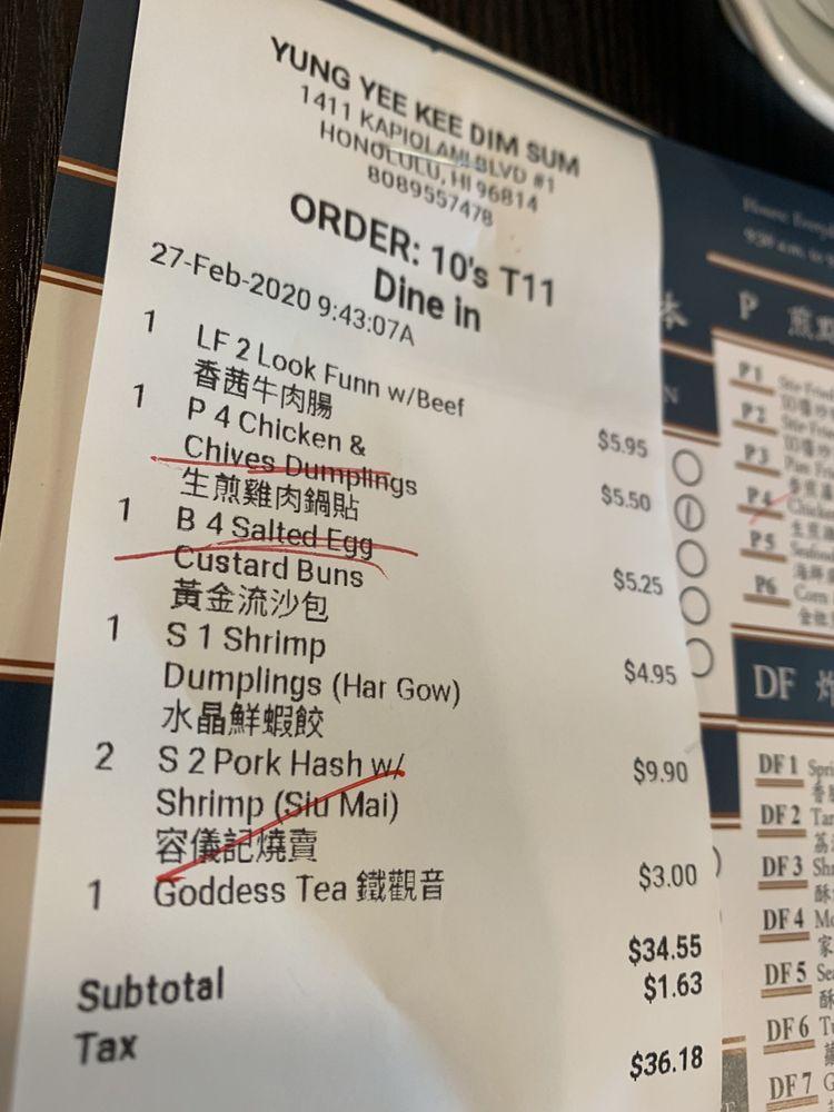 Menu at Yung Yee Kee Dim Sum restaurant, Honolulu