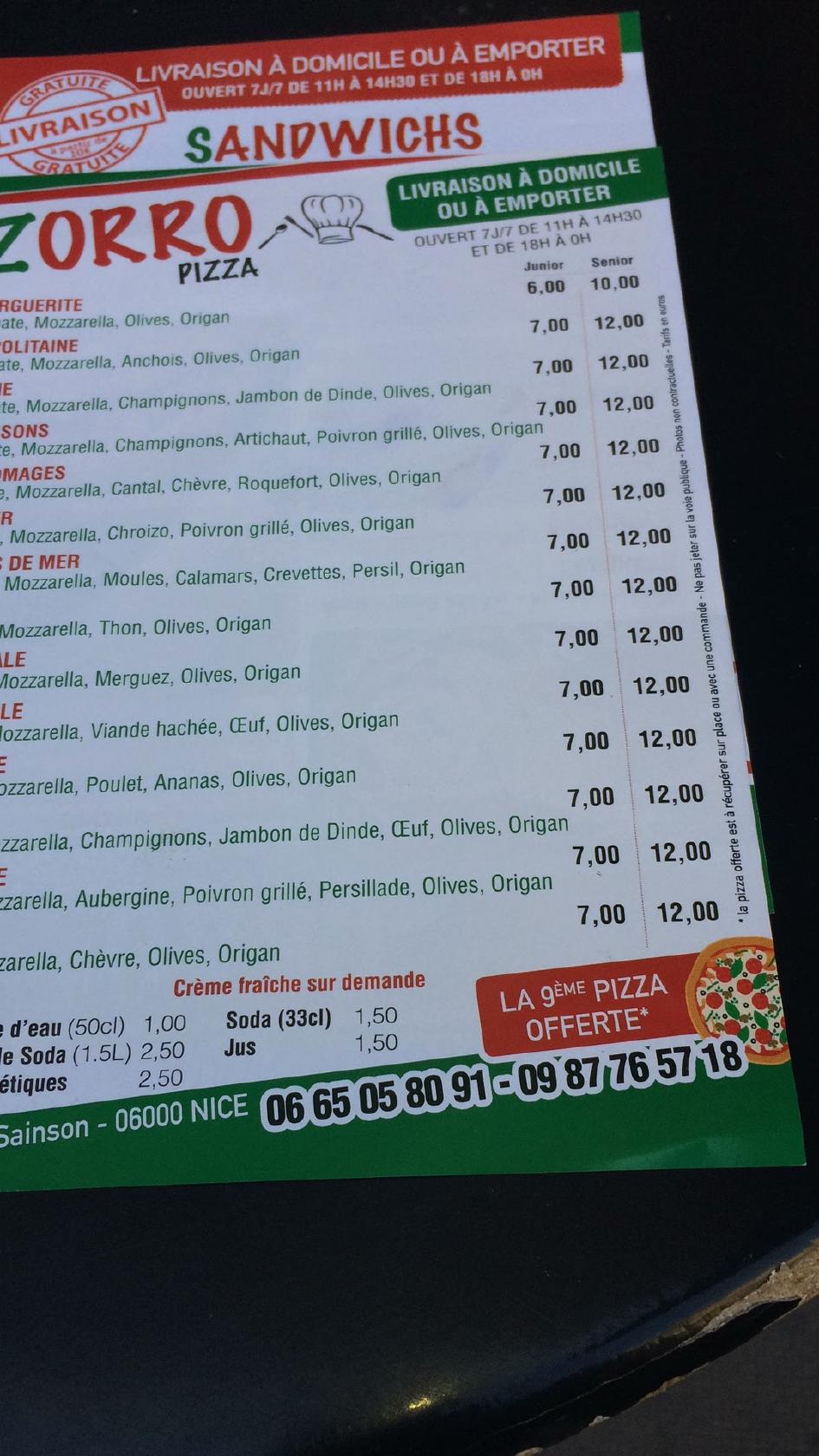 Menu at zorro pizza restaurant, Nice