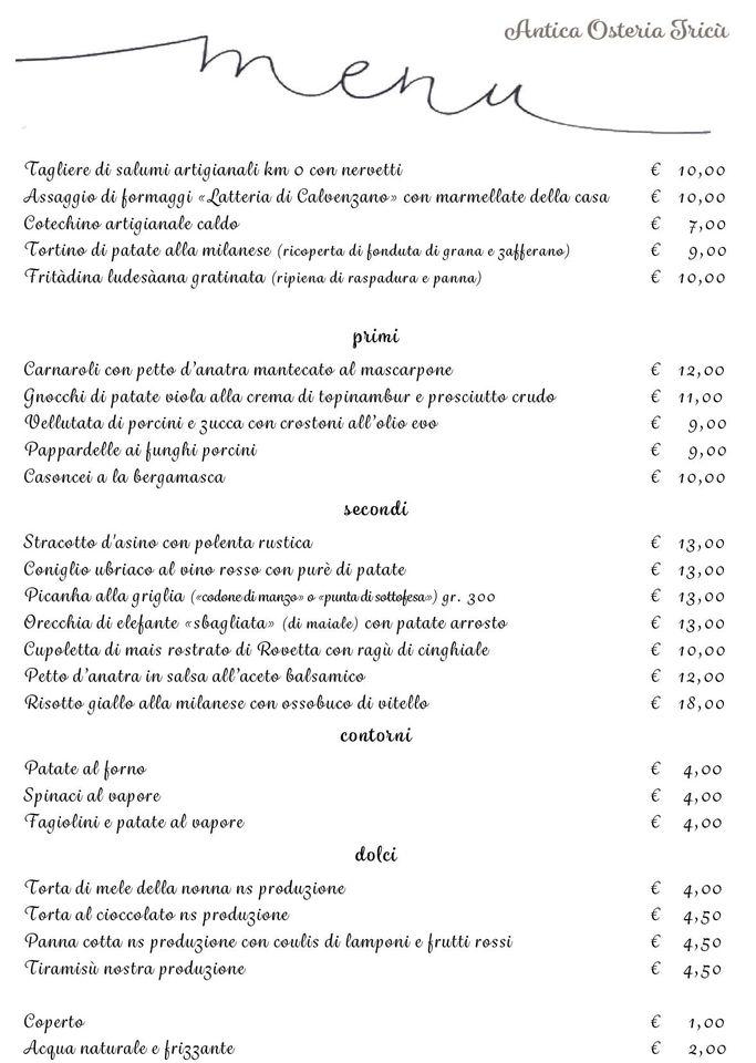 Menu at Antica Osteria Tricù restaurant, Calvenzano