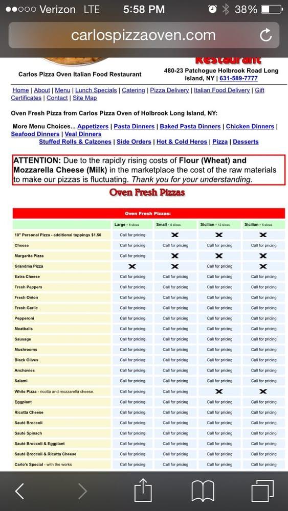 Menu at Carlo's Pizza Oven of Holbrook pub & bar, Holbrook, 480 ...