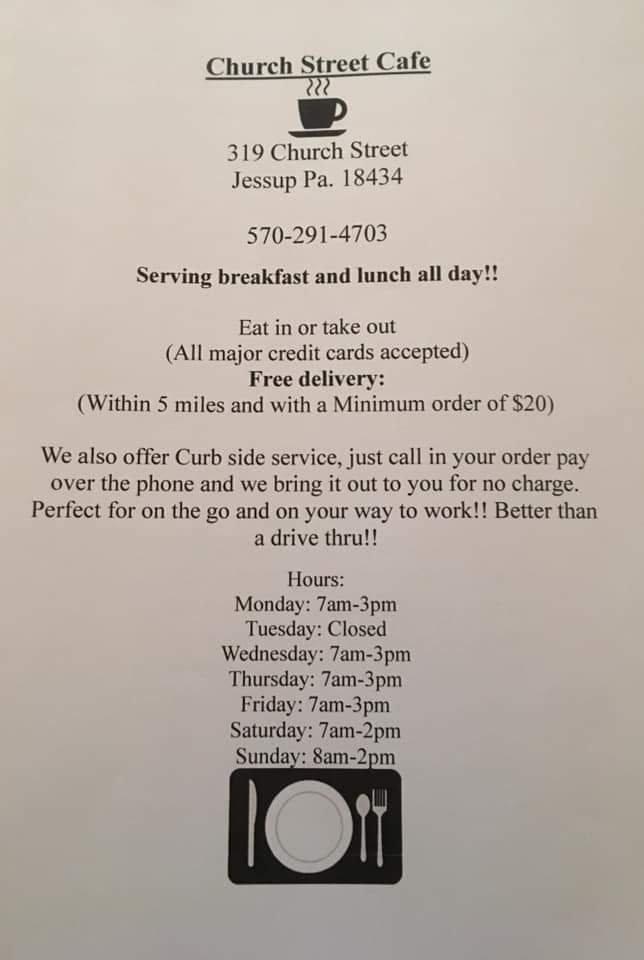 Menu at Church Street Cafe, Jessup