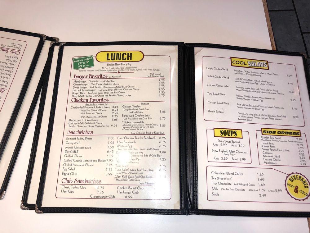 Menu at Dave's Diner restaurant, Manlius