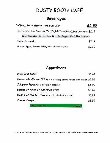 Menu at Dusty Boots Cafe, Cloudcroft