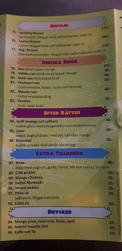 Menu at Indian Paradise restaurant, Sweden