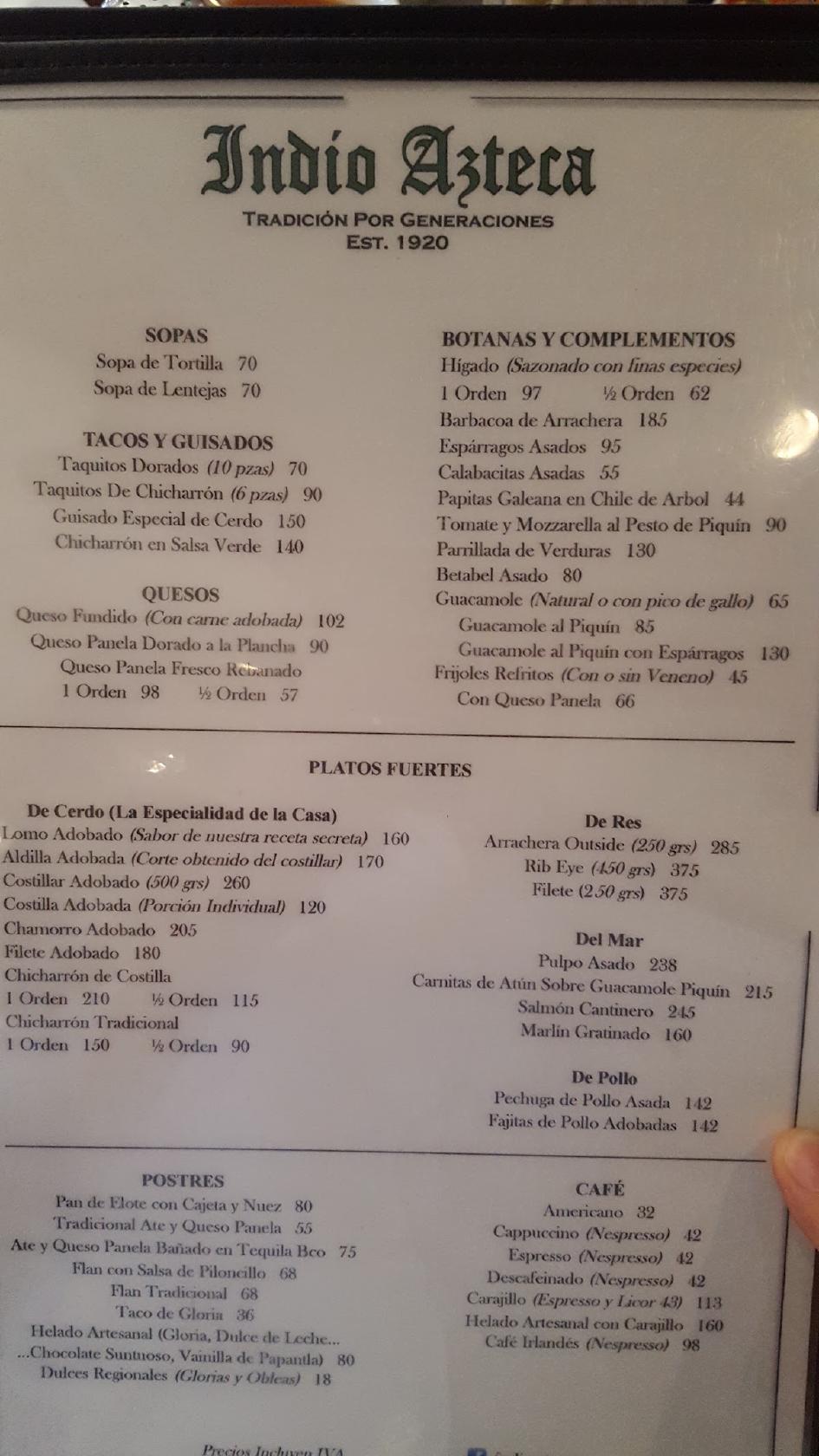 Menu at Indio Azteca steakhouse, San Pedro Garza García, Av. Ricardo ...