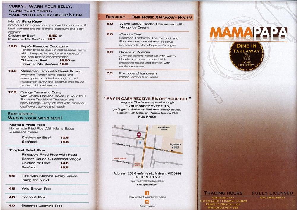 Menu at MAMAPAPA Thai Restaurant, Malvern