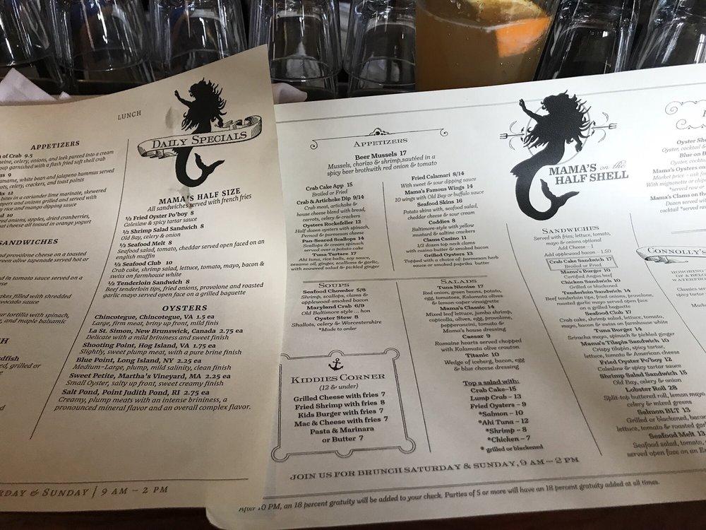 Menu at Mama's On the Half Shell pub & bar, Baltimore