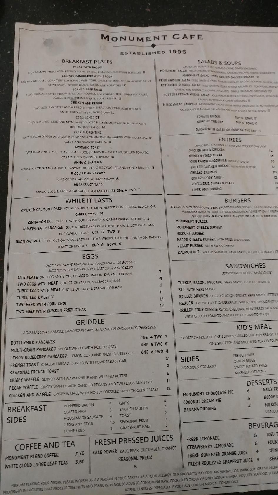 Menu at Monument Cafe, Georgetown, 500 S Austin Ave