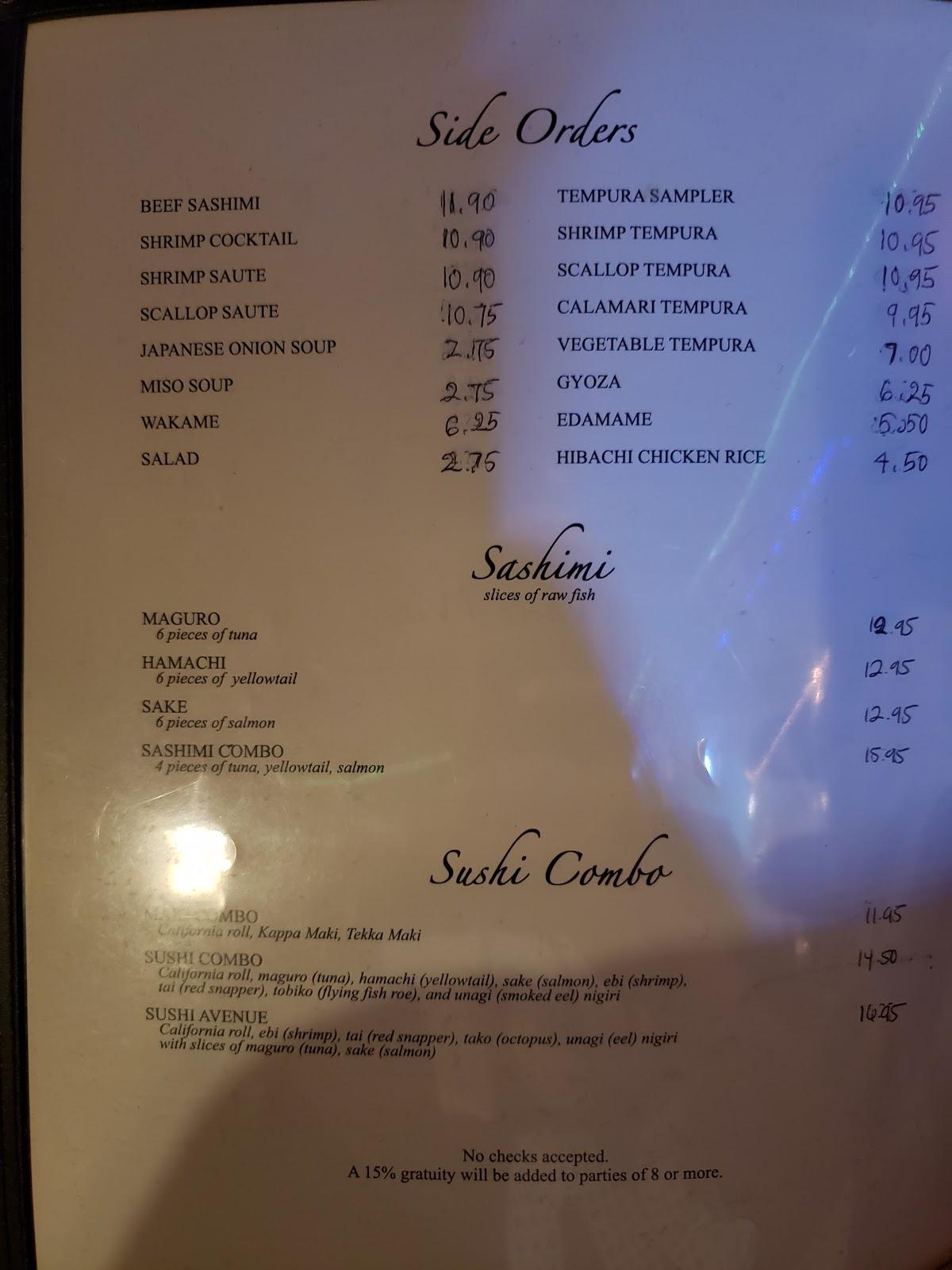 Menu at Musashi restaurant, Tracy