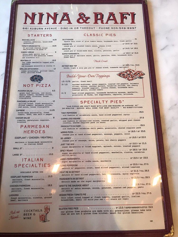 Menu at Nina & Rafi pizzeria, Atlanta